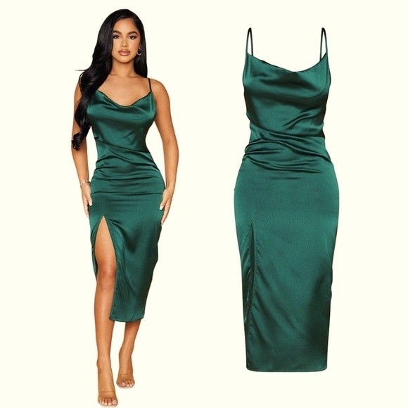 PrettyLittleThing | Dresses | Pretty Little Thing Green Satin Strappy ...